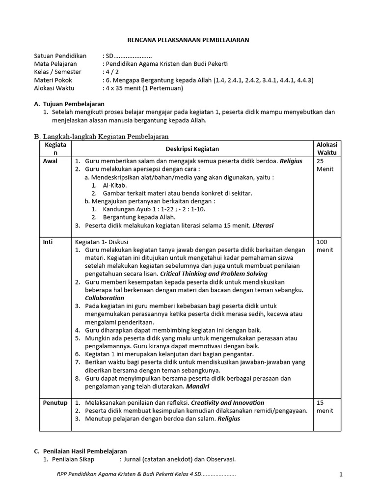 RPP Pak Kelas 4 Semester 2 | PDF | Karier & Perkembangan