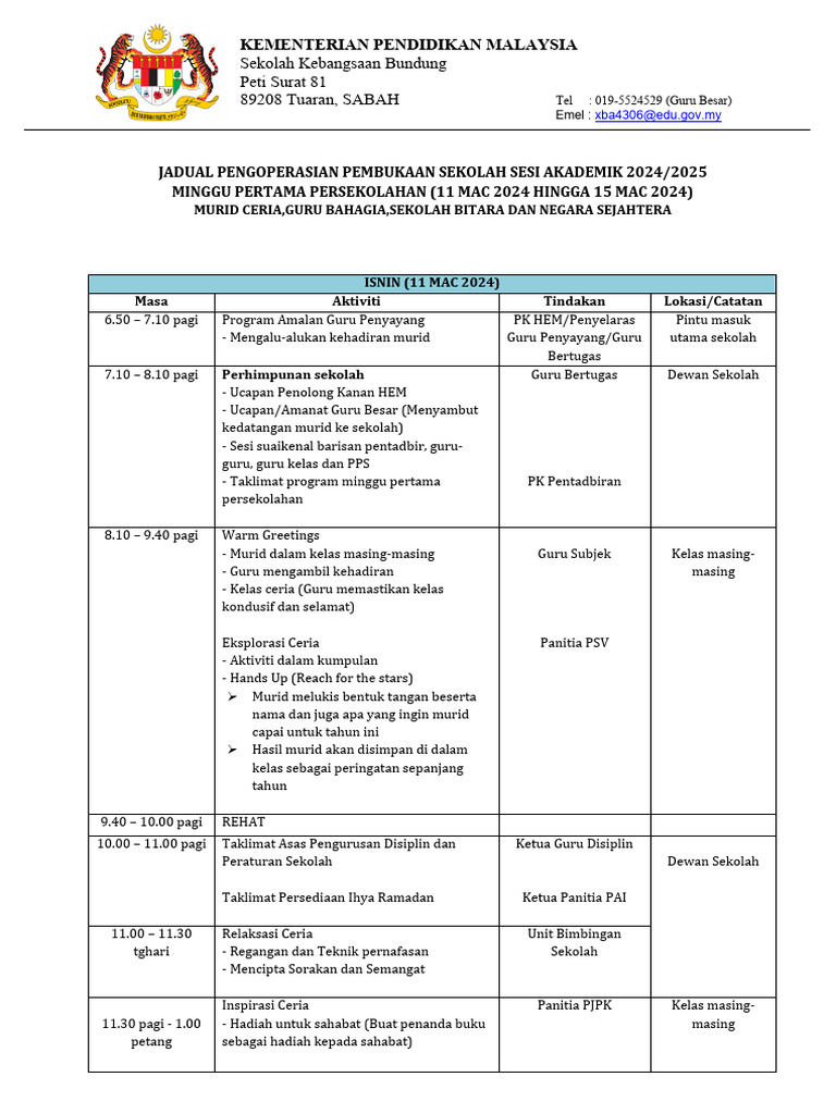 Jadual Aktiviti Minggu Pertama Persekolahan 2024 | PDF Jadual Aktiviti Minggu Pertama Persekolahan 2024 | PDF