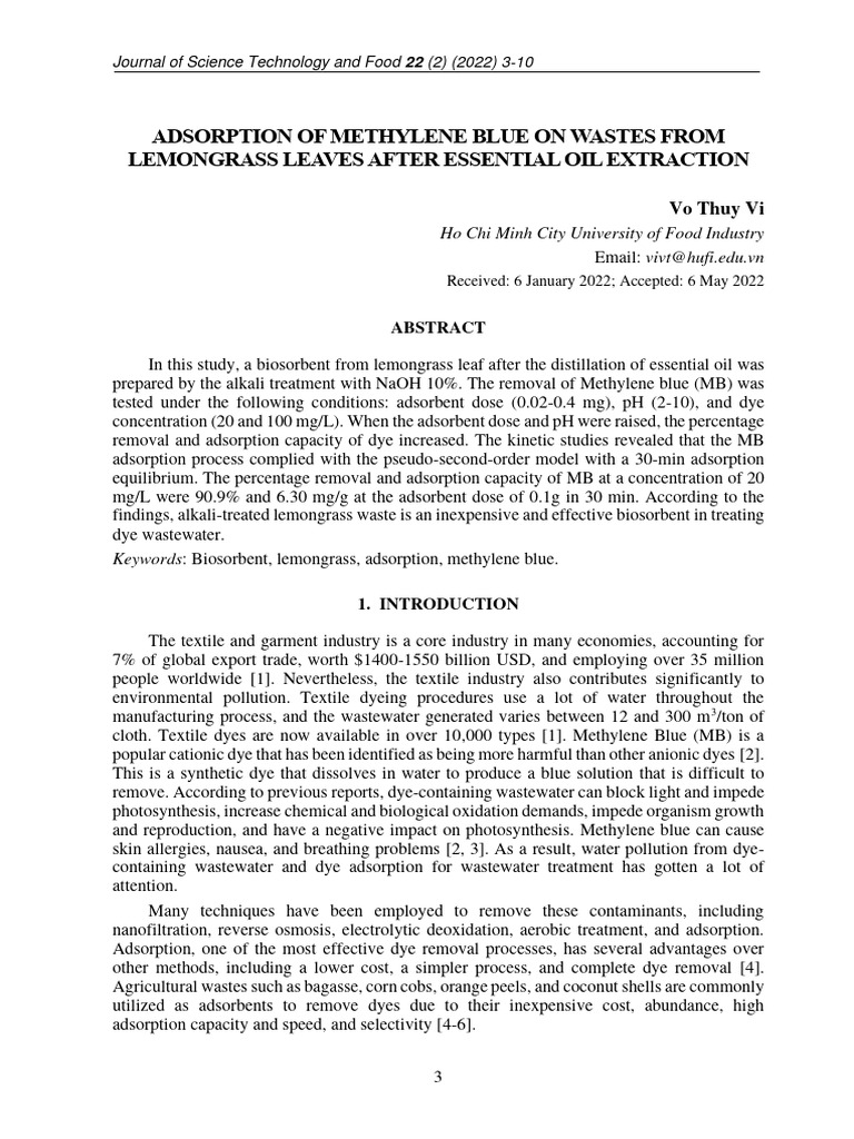 Adsorption of Methylene Blue On Wastes From Lemongrass Leaves After ...
