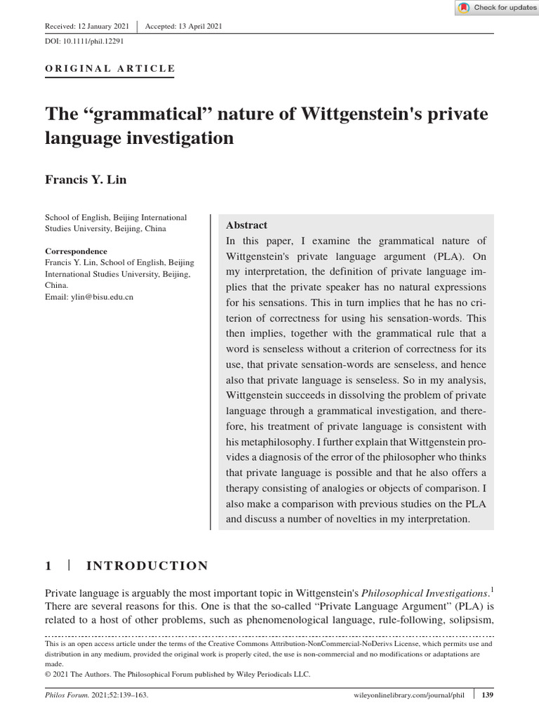 Lin.f Grammatical Nature of Wittgenstein S Private Language ...