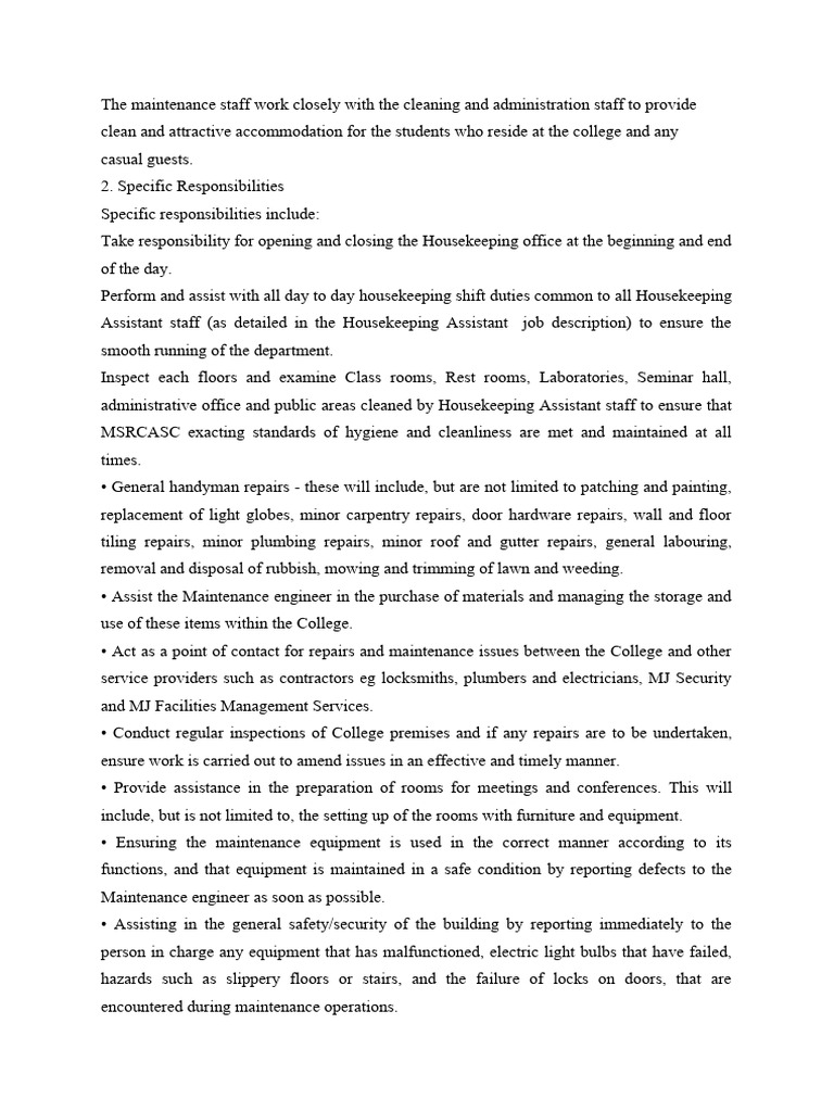 Housekeeping and Maintenance Responsibilities | PDF | Housekeeping | Safety