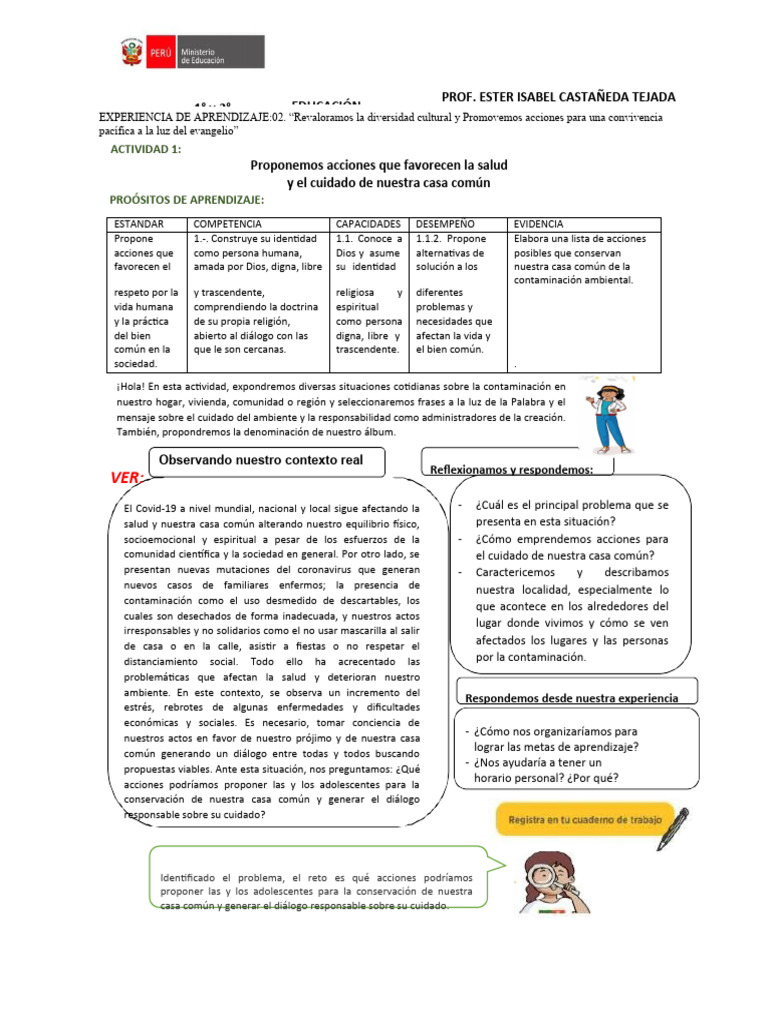 Actividad 01 Experiencia de Aprendizaje 03 Educación Religiosa - Vi Ciclo - Primer y Segundo ...