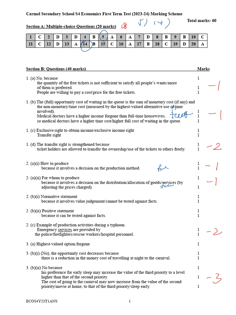 S4 Economics First Term Test Marking Scheme | PDF | Demand | Demand Curve