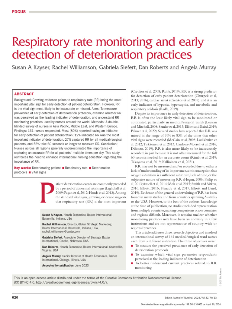 10 Respiratory Rate Monitoring And Early Detection Of Deterioration Practices Pdf Nursing