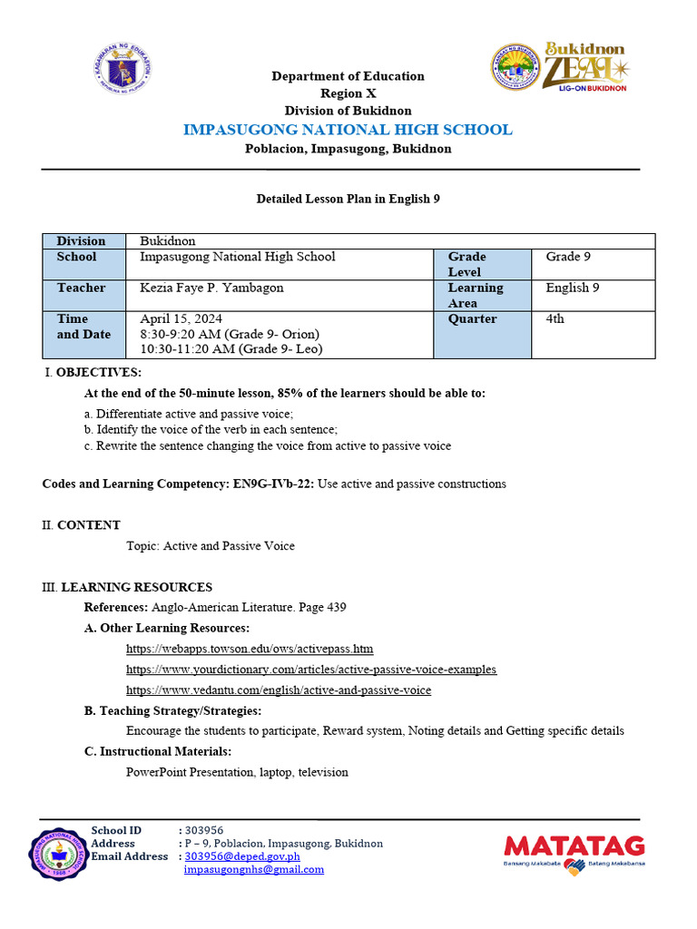 English 9 Lesson Plan: Active vs Passive Voice | PDF | Verb | Subject ...
