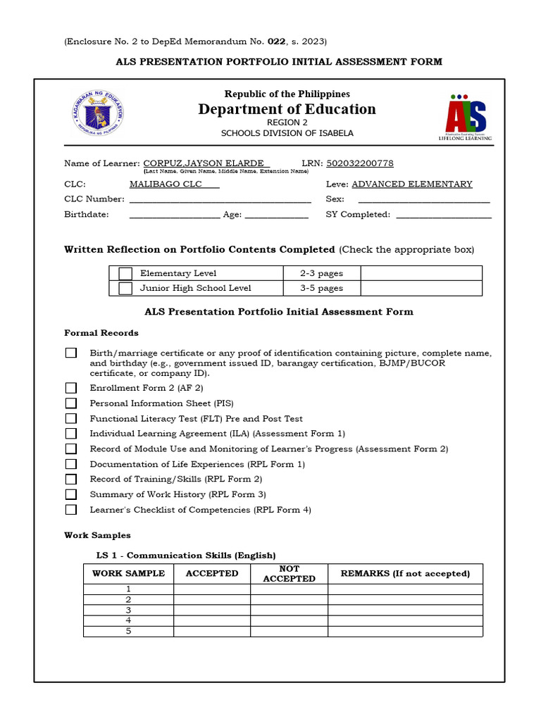 ALS Initial Assessment Portfolio Form | PDF | Education Theory | Cognition