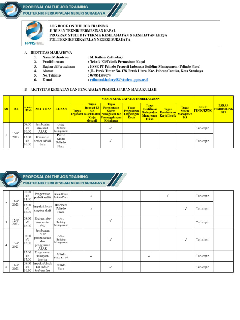Log Book OJT Teknik K3 Pelindo Place | PDF