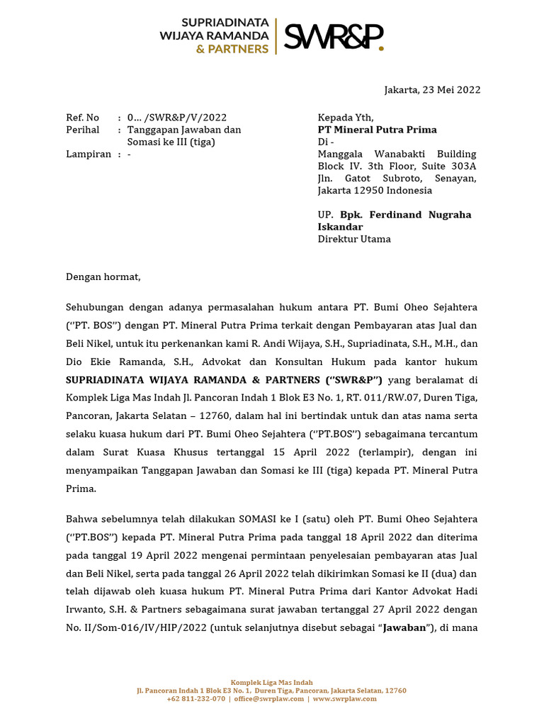 Revisi Tanggapan Jawaban Dan Somasi III Final SWR&P | PDF