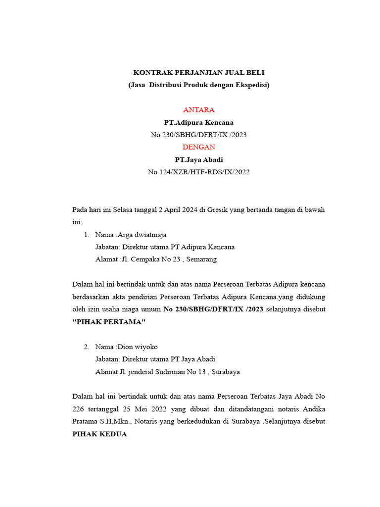 Tugas Kontrak Perjanjian Jual Beli Bisnis | PDF