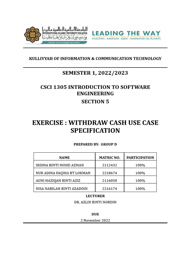 Use Case Specification Template For Withdraw Cash Exercise | PDF | Automated Teller Machine ...