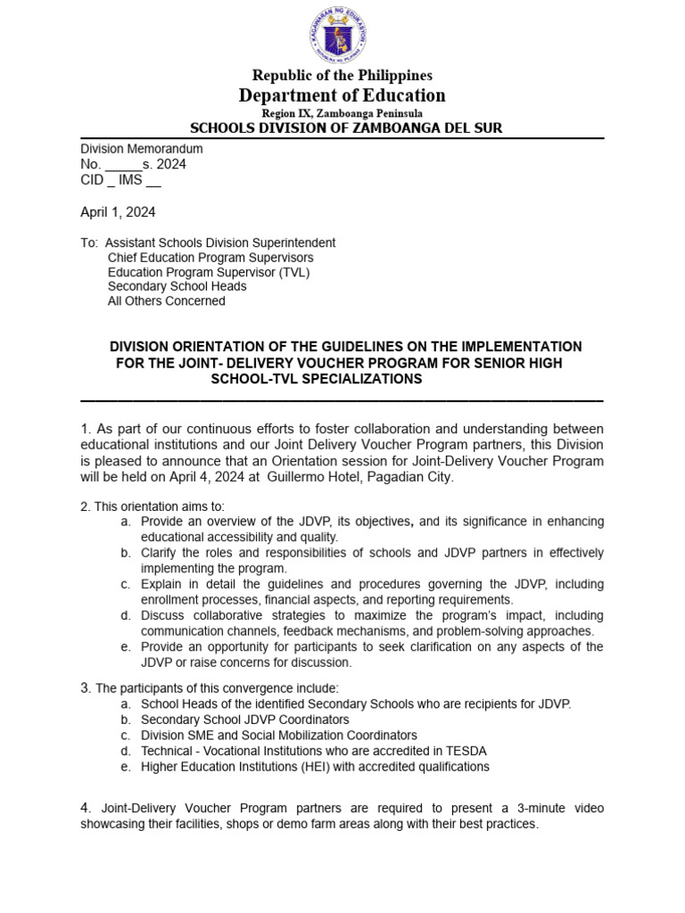 Division Memo For JDVP Orientation | PDF