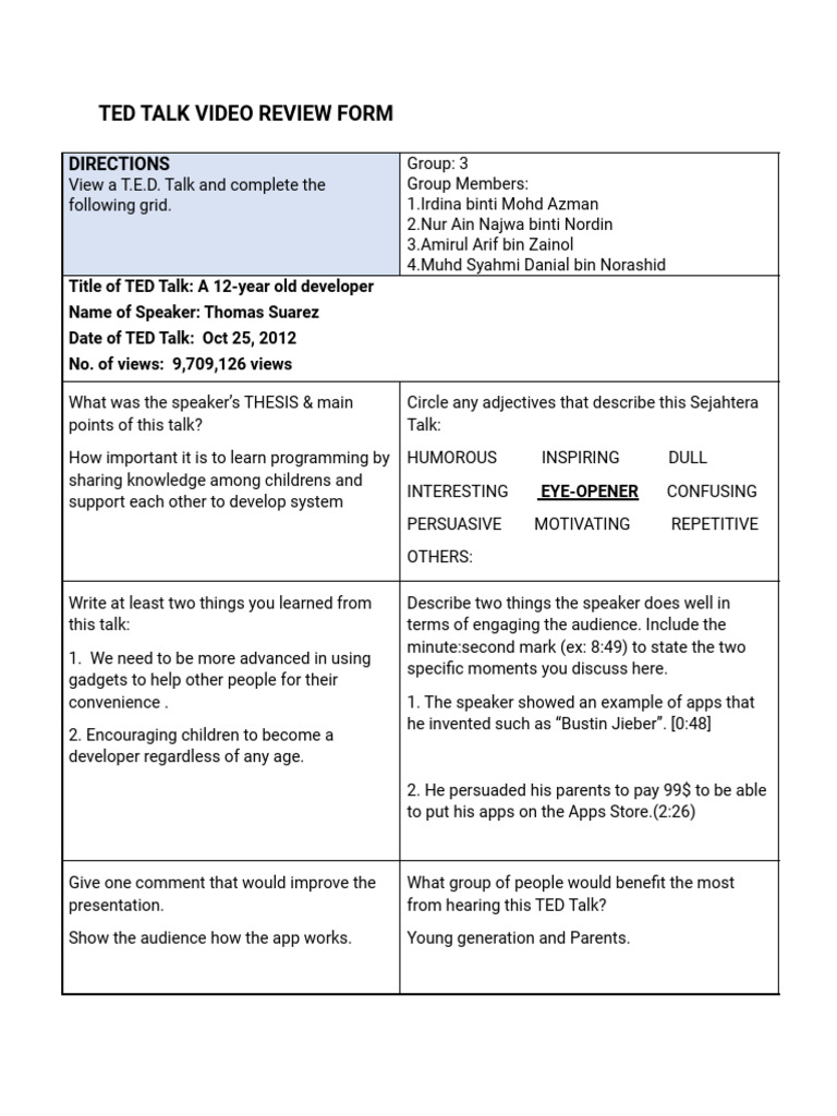 Ted Talk Video Review Form | PDF | Climate Change | Social Media