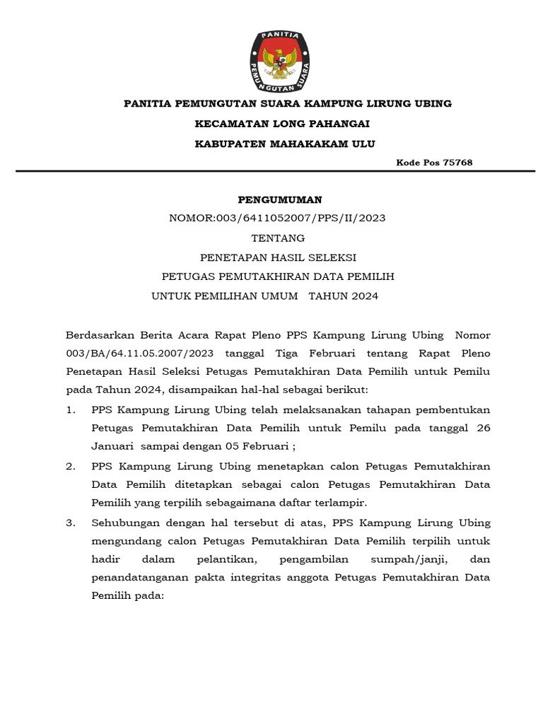 Pengumuman Hasil Perekrutan Pantarlih | PDF
