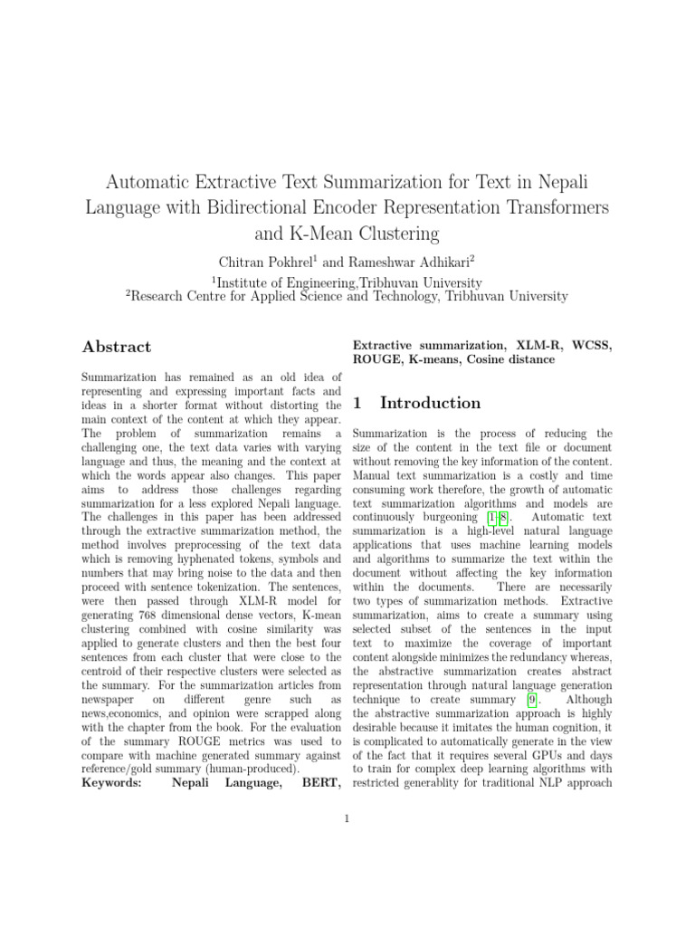 Automatic Extractive Text Summarization For Nepali Language With Bidirectional Encorder ...