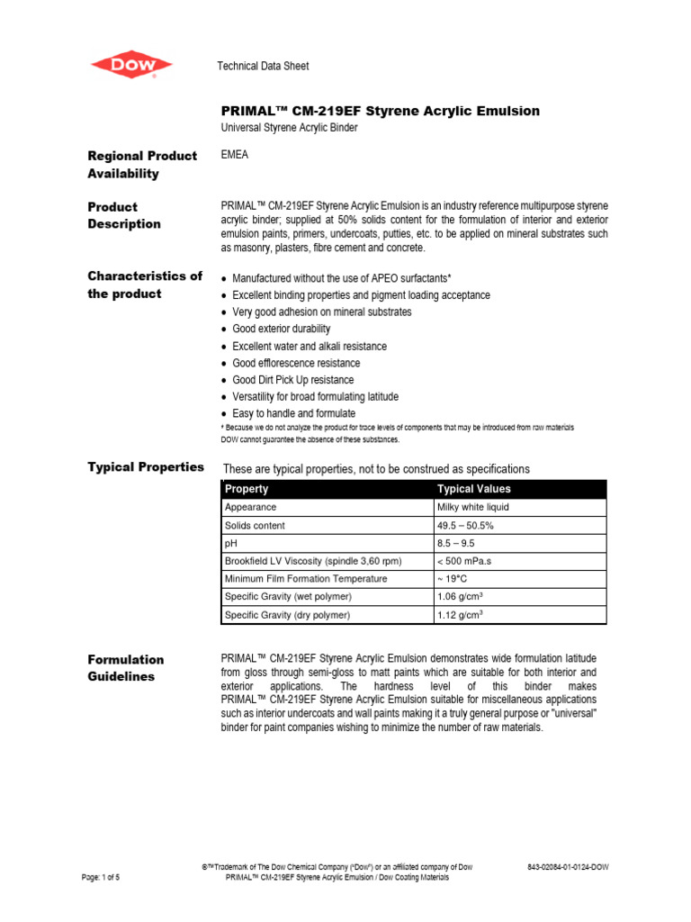 843 02084 01 Primal CM 219 Ef Styrene Acrylic Emulsion | PDF | Acrylic ...