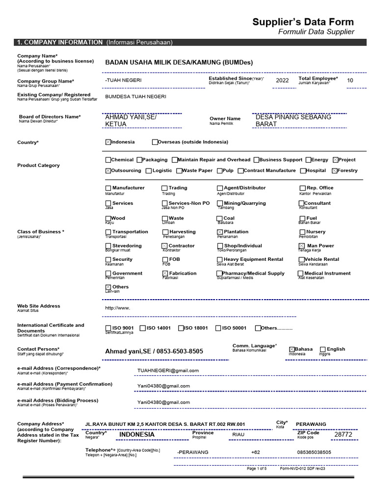 01 Supplier Data Form (SDF) | Download Free PDF | Economies | Business
