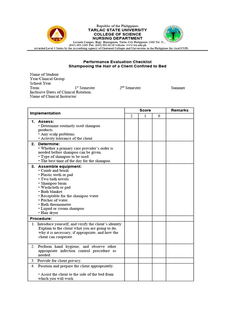 Procedural Checklist Shampooing The Hair of A Client Confined To Bed 1 ...