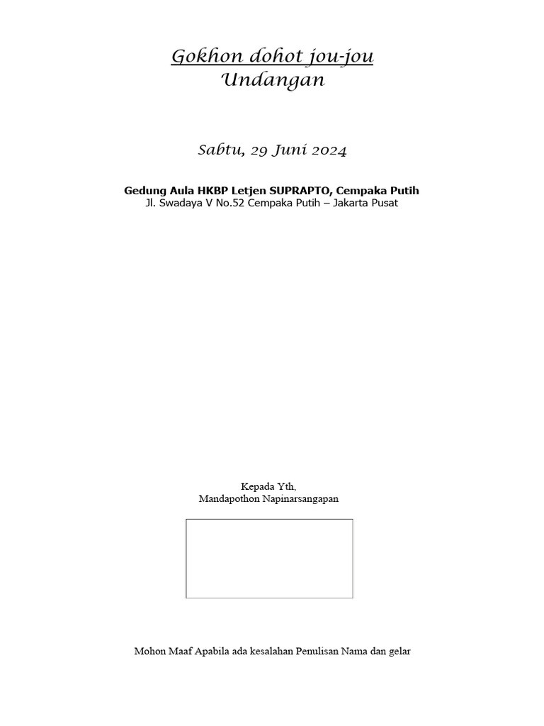Gokhon Dohot Jou-Jou Undangan: Sabtu, 29 Juni 2024 | PDF