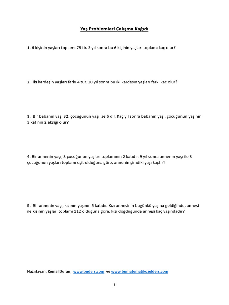 9.Sinif Yas Problemleri Calisma Kagidi | PDF