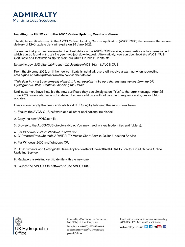 Installing The UKHO Certificate For AVCS-OUS 2022 | PDF