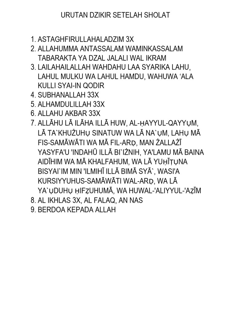Urutan Dzikir Setelah Sholat | PDF | Semitic Words And Phrases | Prayer