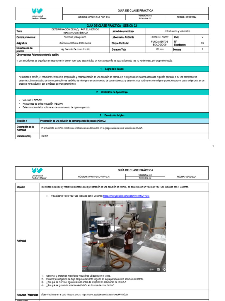 UPNW-GAC-FOR-036 Guía de Práctica 2. Química Analítica e Instrumental 2024-1 | PDF | Peróxido de ...