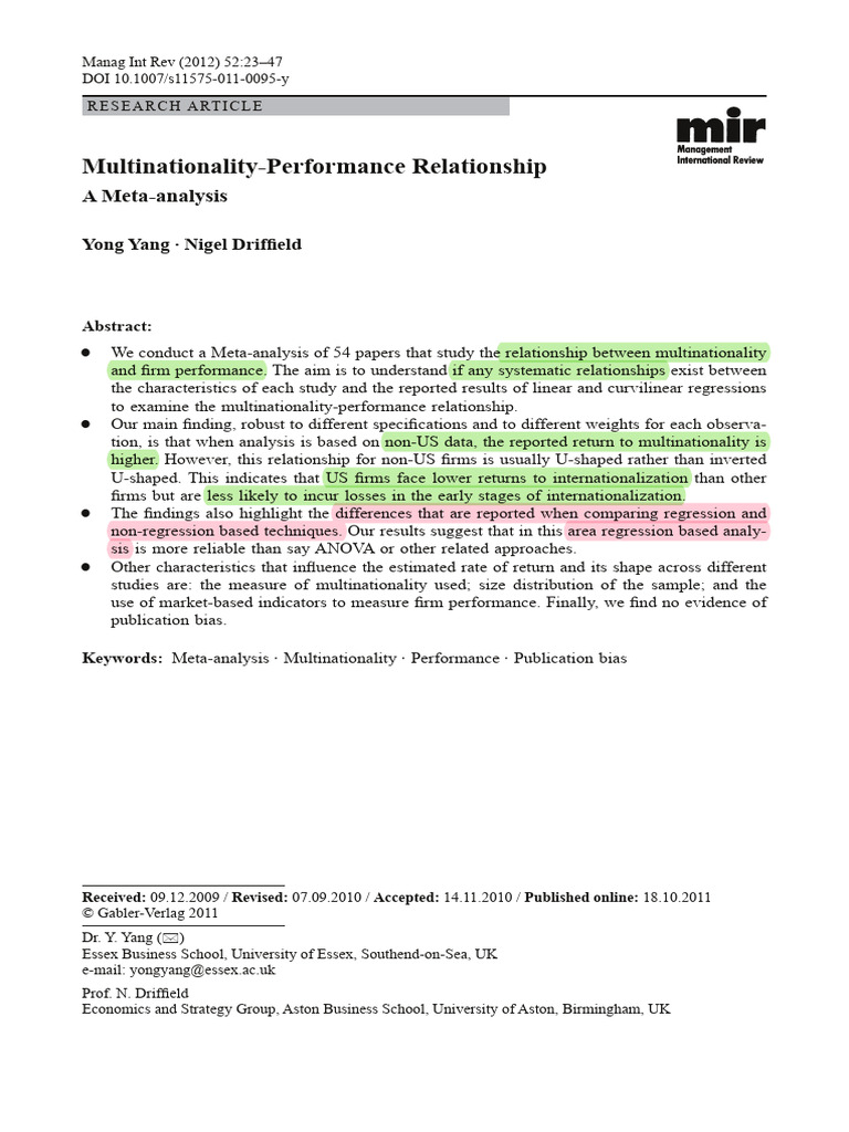 Article Multinationality-Performance Relationship | PDF | Meta Analysis ...
