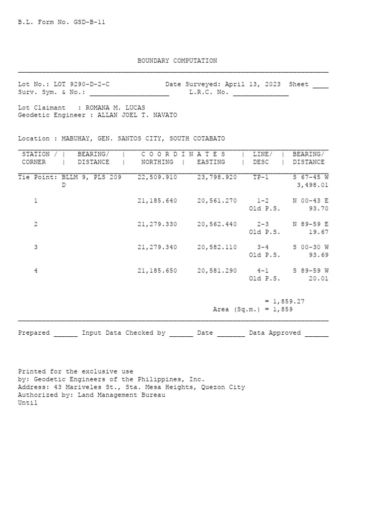 Boundary Computation for Lot 9290-D | PDF | Surveying | Geography