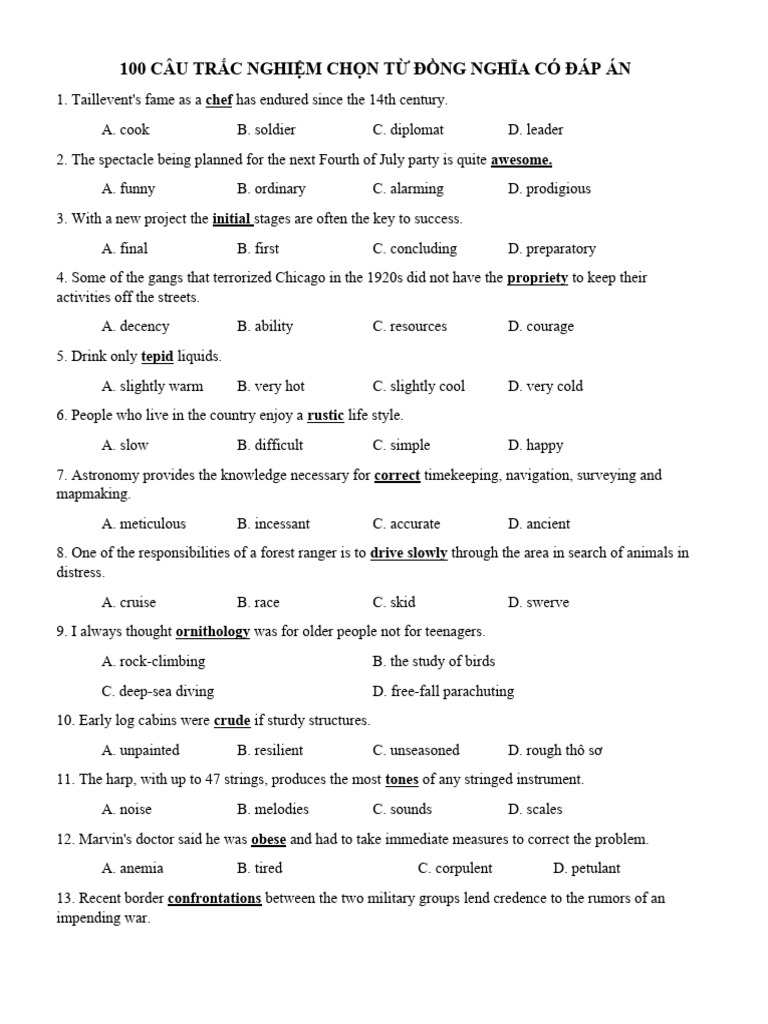 Synonym Multiple Choice Quiz with Answers | PDF