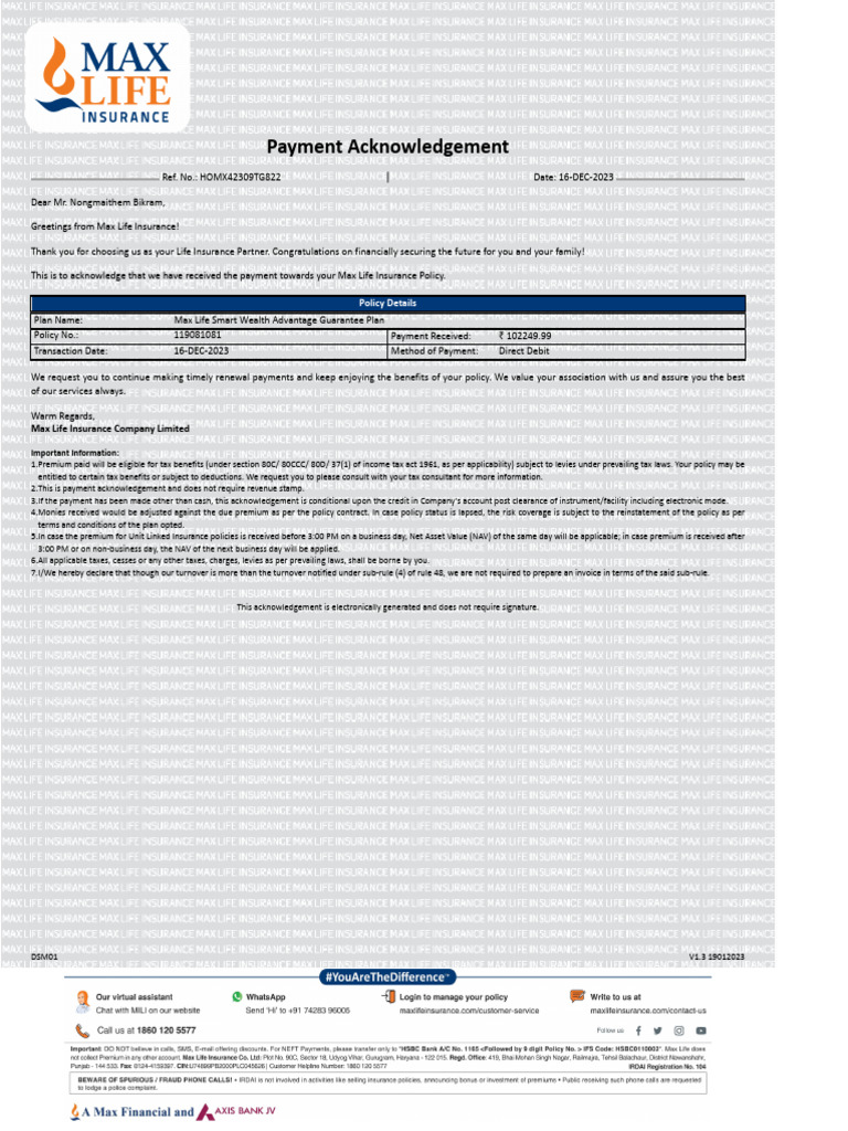Payment Acknowledgement: Policy Details | Download Free PDF | Insurance ...