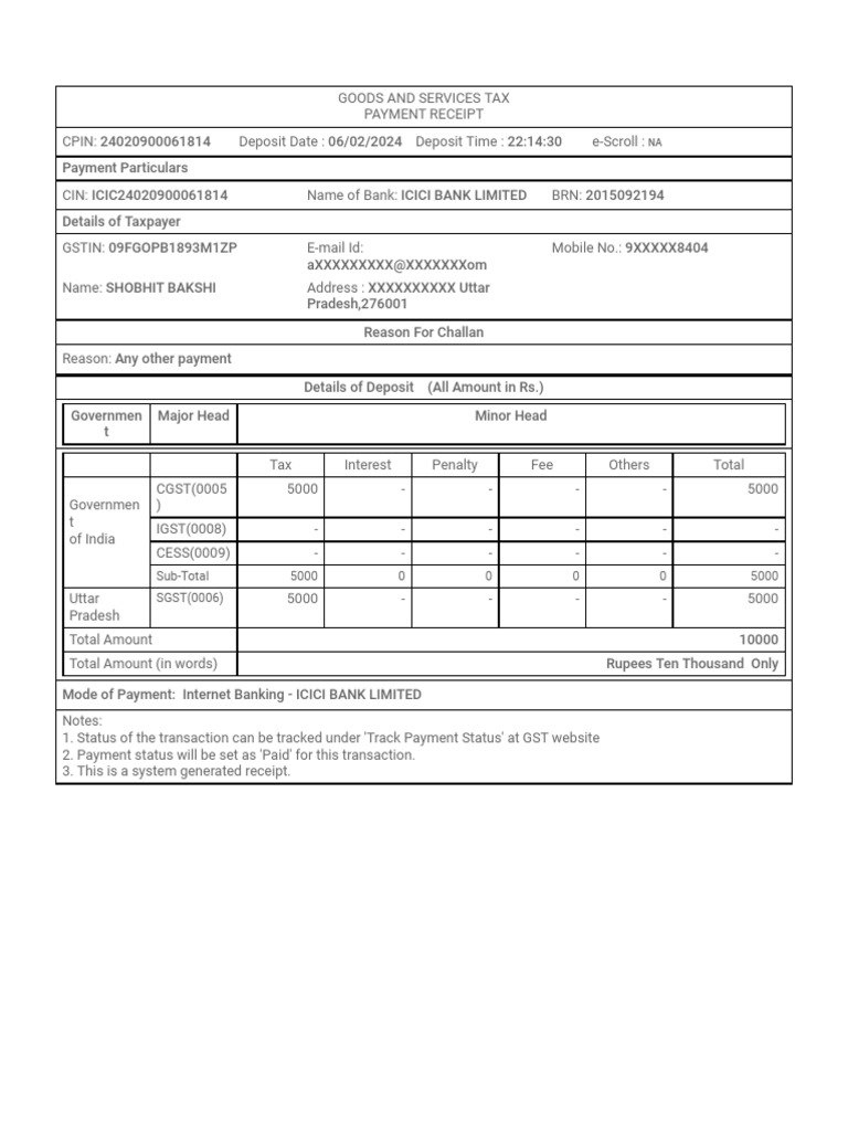 GST Payment Receipt - Shobhit Bakshi | PDF