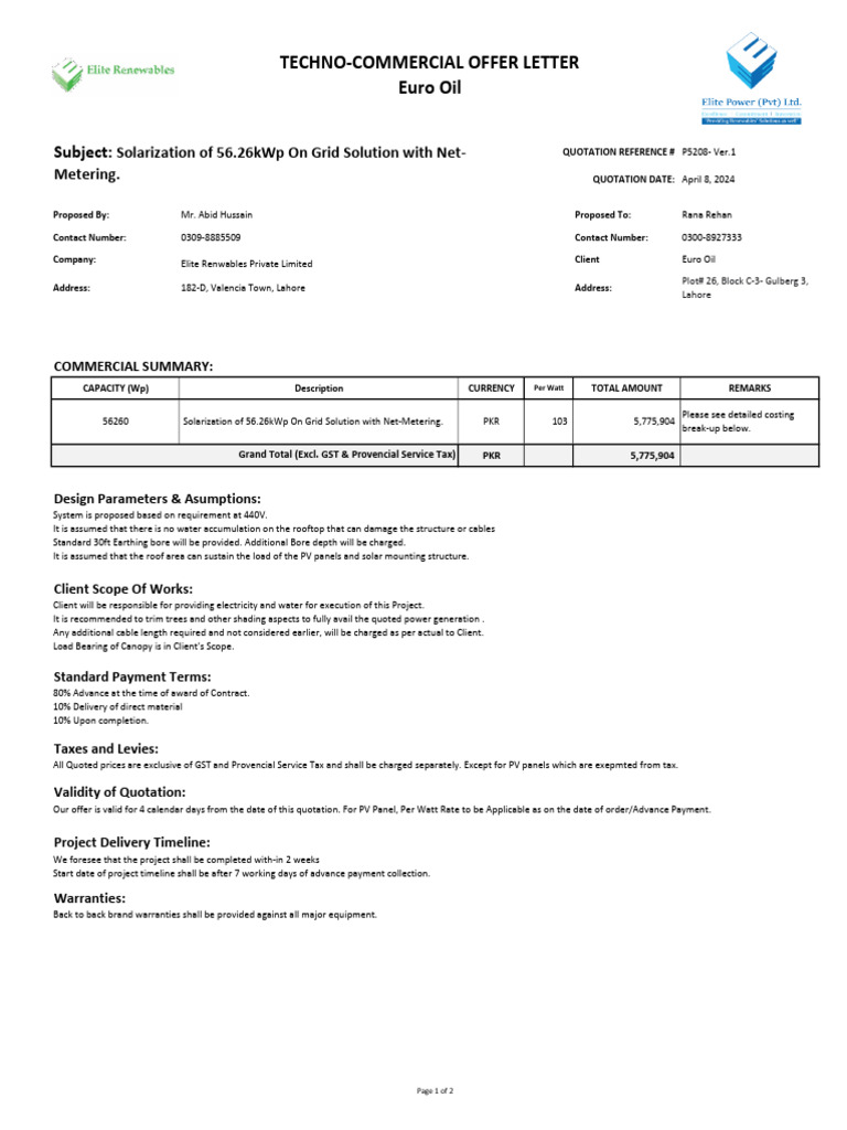 Techno Commercial Proposal P5208080424-Euro Oil- 56.26kWp-Gulberg ... Techno Commercial Proposal P5208080424-Euro Oil- 56.26kWp-Gulberg ...