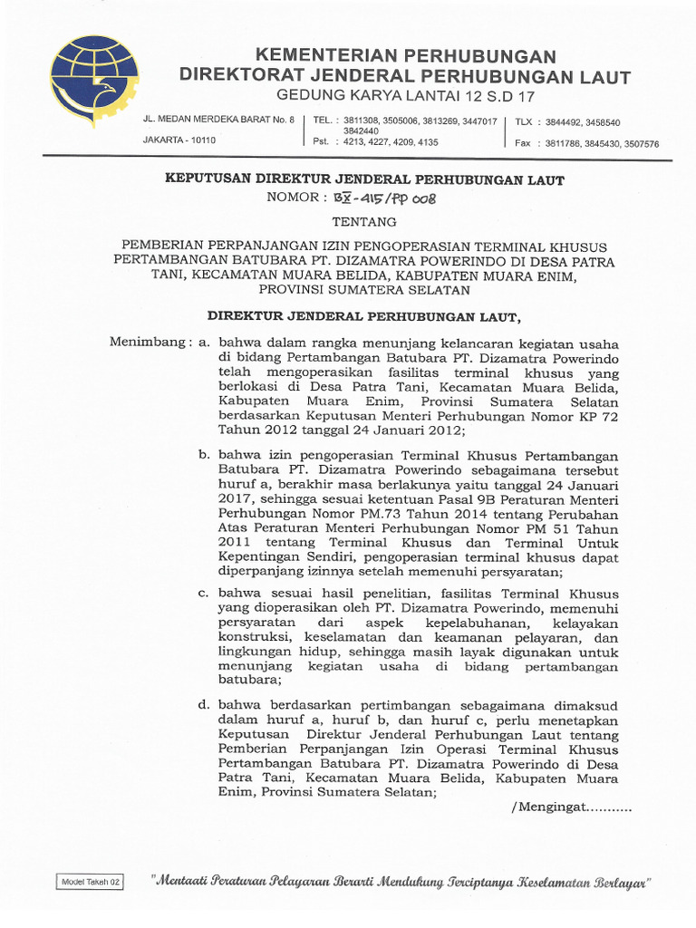 Perpanjangan Izin Operasi Tersus Batubara Patratani (1) | PDF