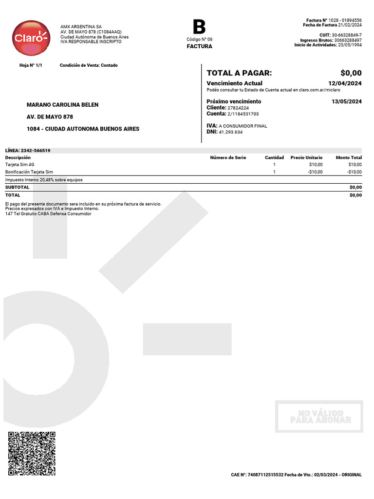 Factura AMX Argentina S.A. 2024 | PDF | Pagos | Impuestos