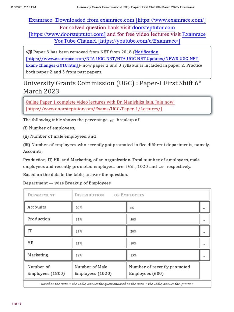 UGC Paper 1 First Shift 6th March 2023 | PDF | Career & Growth