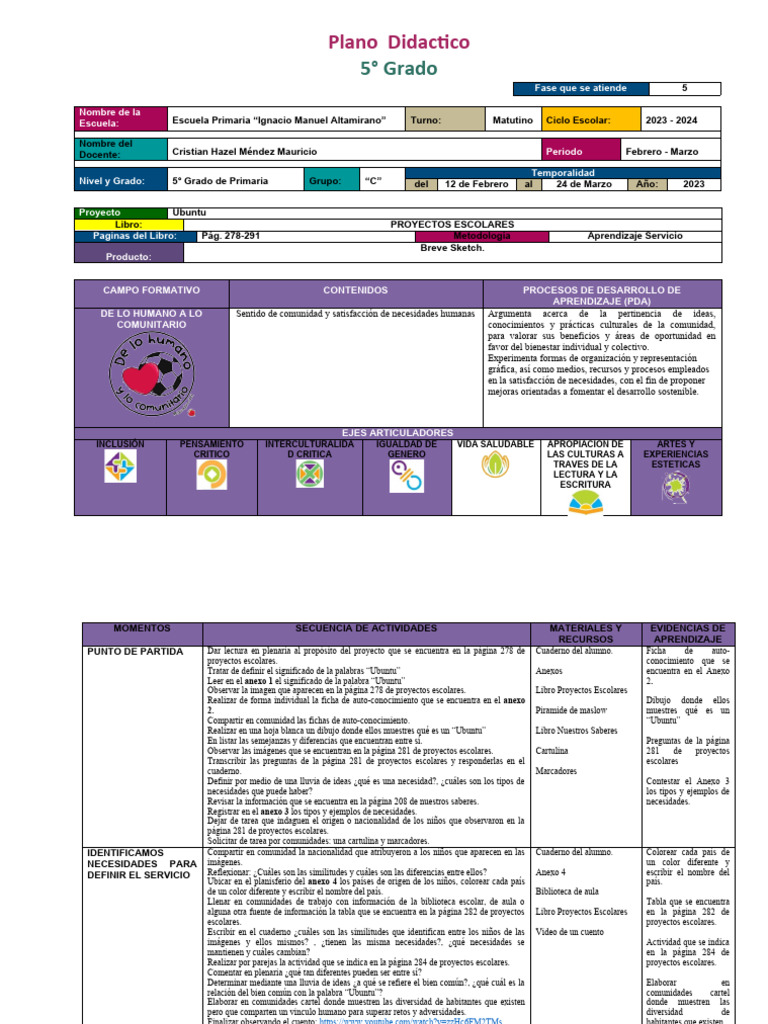 Plano Didactico 5to Grado | PDF | Escuelas | Aprendizaje