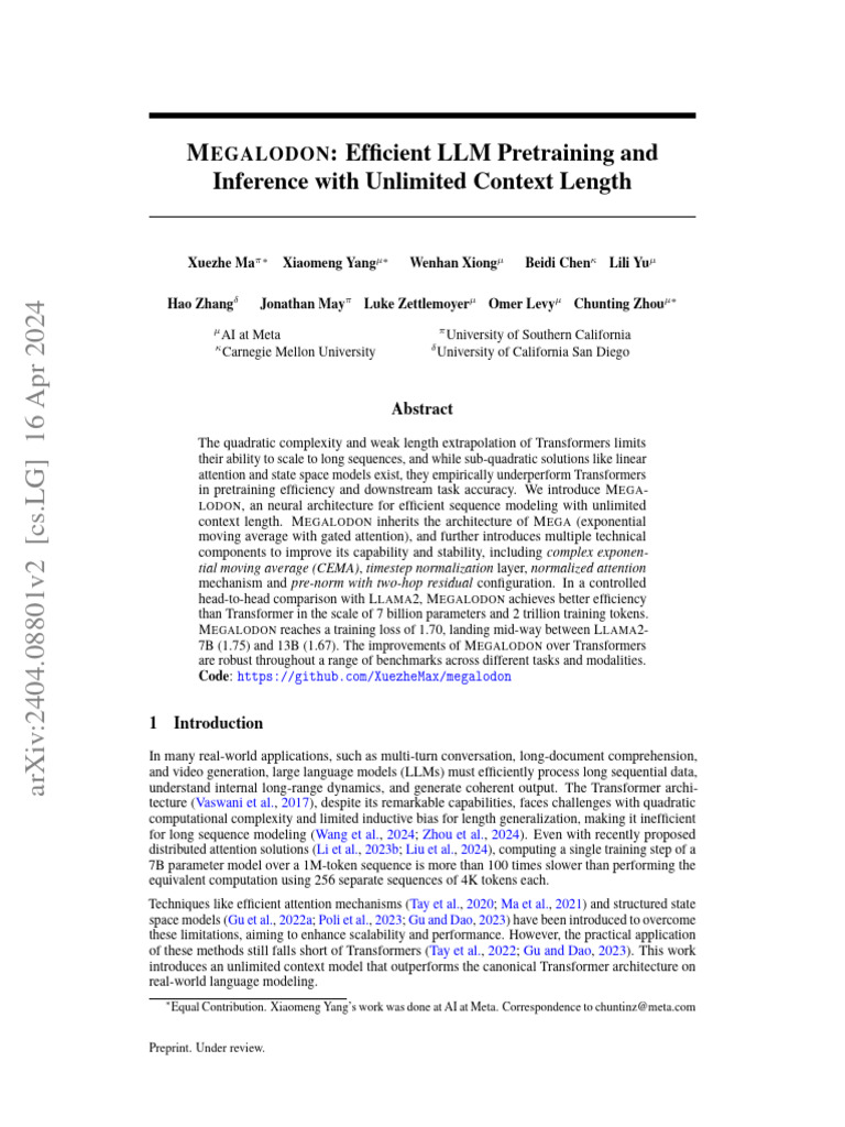Megalodon Efficient Llm Pretraining And Inference With Unlimited Context Length Pdf Matrix 6028