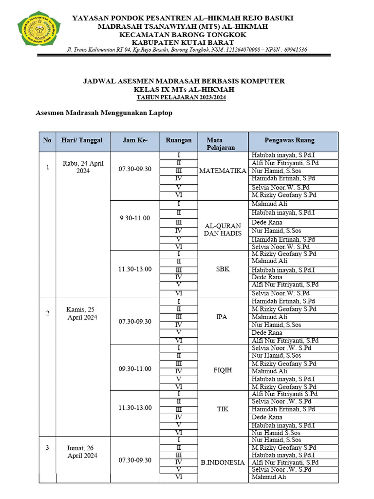 Jadwal AM MTS Al-Hikmah | PDF