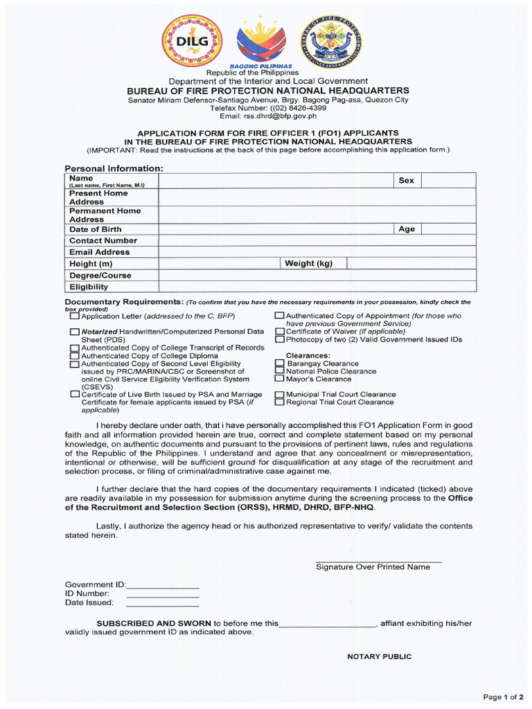 Application Form For FO1 Applicants in The BFP NHQ | PDF