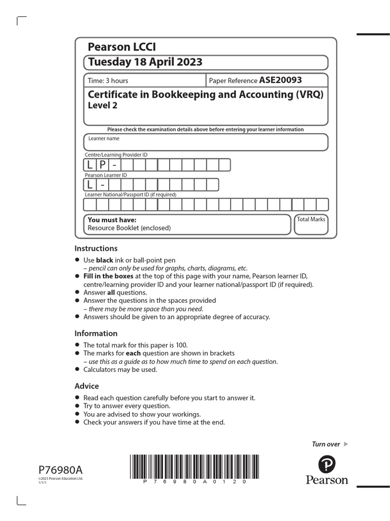 P76980 LCCI Level 2 Certificate in Bookkeeping and Accounting ASE20093 QP | PDF | Banks ...