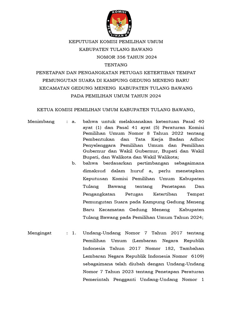 SK Pengangkatan Petugas Ketertiban TPS Gedung Meneng Baru | PDF