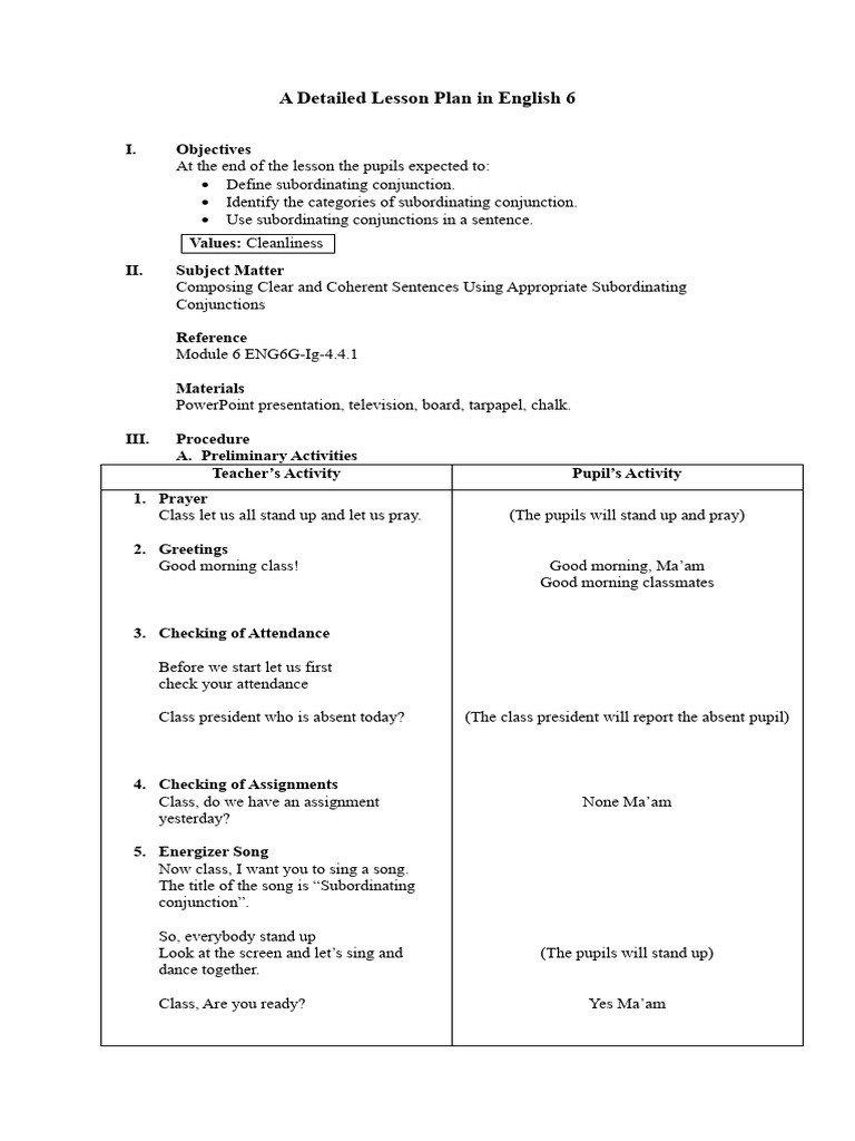 Lesson Plan: Subordinating Conjunctions | PDF | Clause | Syntax