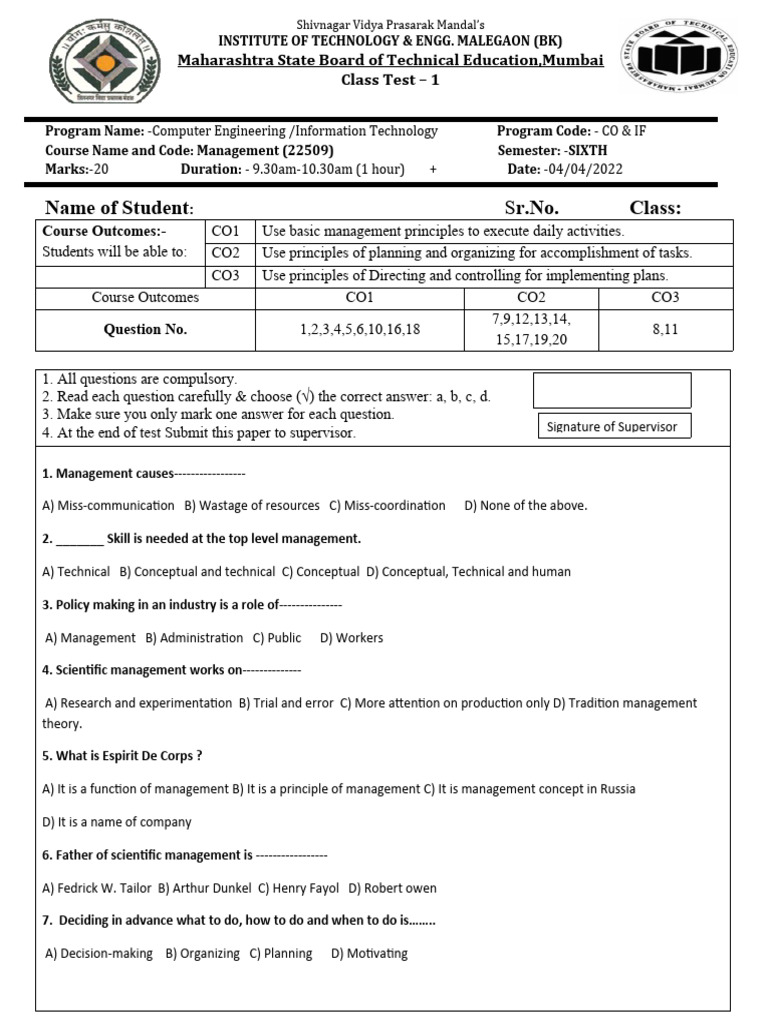 Management Test for Computer Engineering | PDF | Cognition | Business