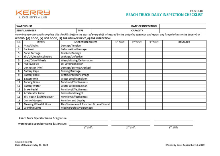 FO-SHE-18 Reach Truck Daily Inspection Checklist | PDF