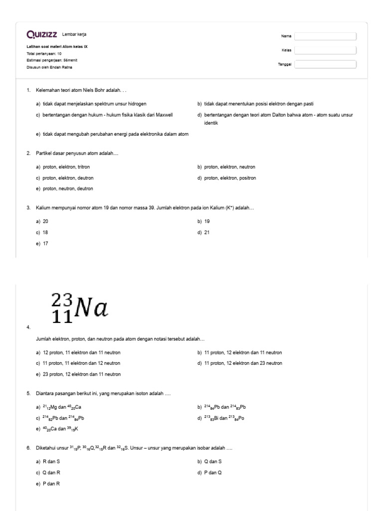 Latihan Soal Materi Atom Kelas IX - Quizizz | PDF | Sains & Matematika | Teknologi & Rekayasa