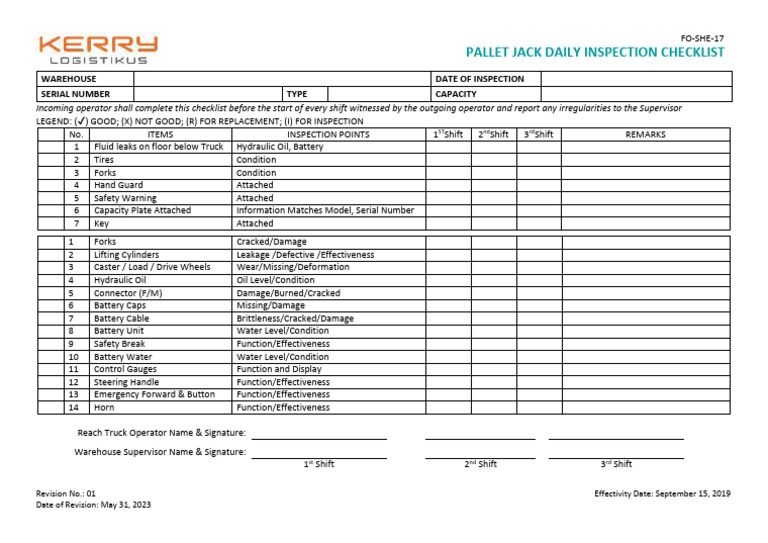 FO-SHE-17 Pallet Jack Daily Inspection Checklist | PDF | Motor Vehicle ...