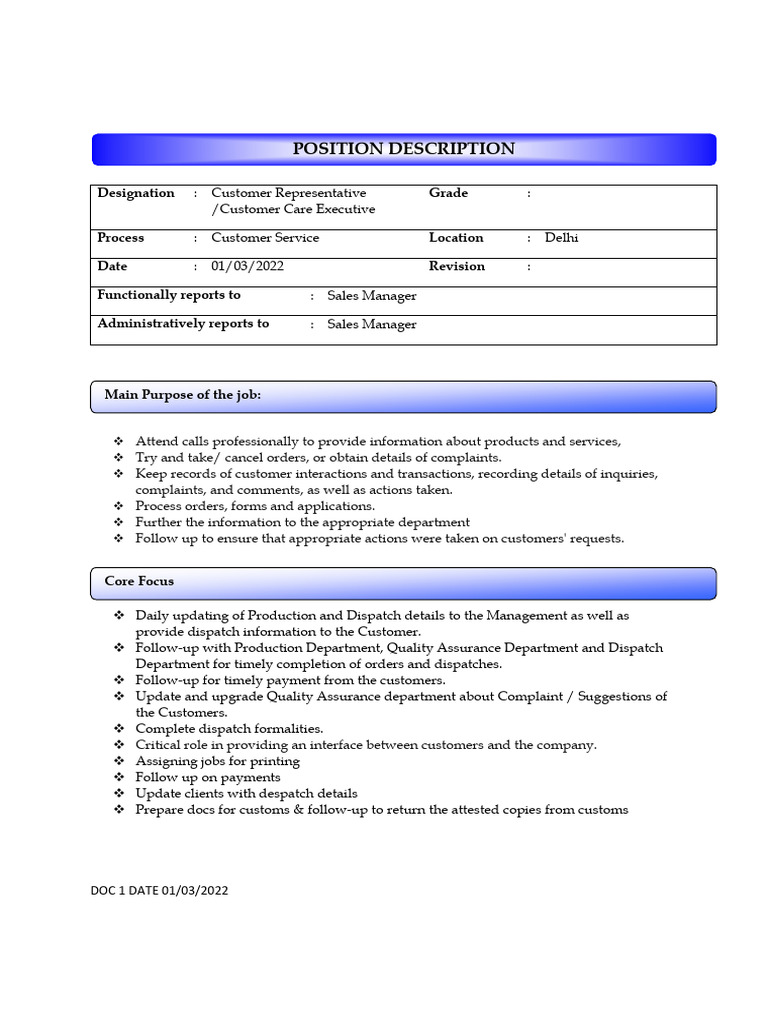 JD For Customer Executive | PDF | Information | Customer