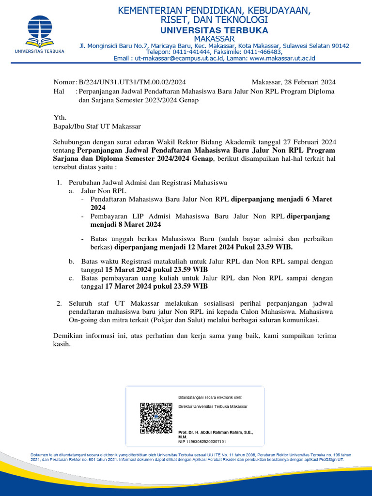 224 Perpanjangan Jadwal Pendaftaran Mahasiswa Baru | PDF