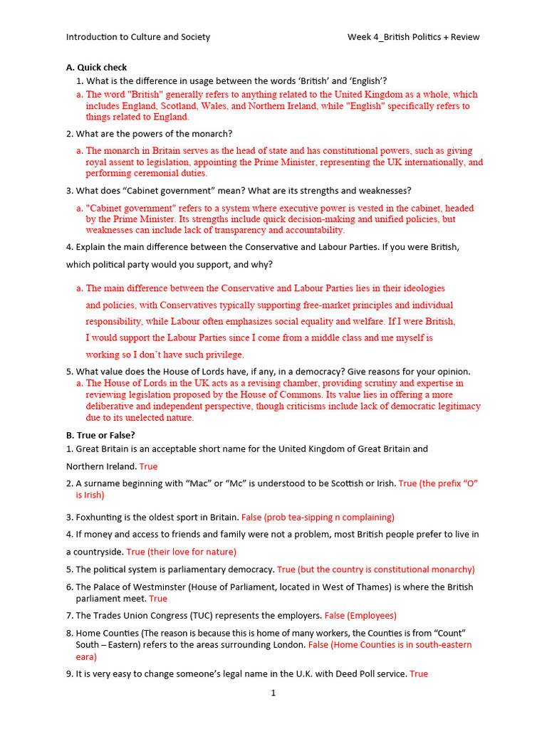Intro To Cul - Handout - Week 4&5 | PDF | United Kingdom | Politics Of The United Kingdom