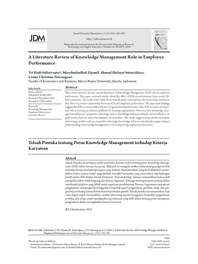 A Literature Review of Knowledge Management Role in Employee Performance | PDF | Knowledge ...